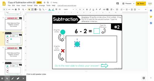 Subtraction within 20 First Grade Math Activity for Google Slides