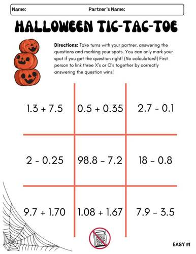 Halloween Activity Tic-Tac-Toe Math Games for Grades 4-6: Decimal Practice