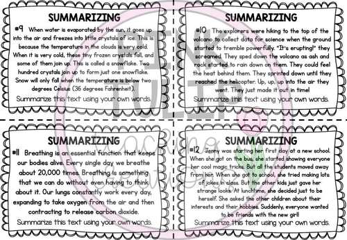 Summarizing (Summarising) - Task Cards by Pink Tulip Teaching Creations