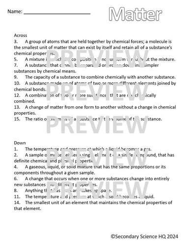 Matter Elements Compounds Mixtures Vocabulary Crossword Puzzle ...