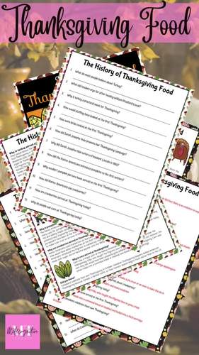 History of Thanksgiving Food Reading Comprehension Worksheets | TPT