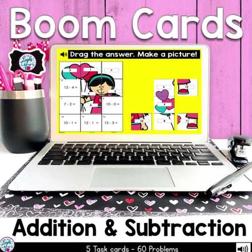 Boom Cards™ Valentine Secret Picture Addition and Subtraction Puzzles