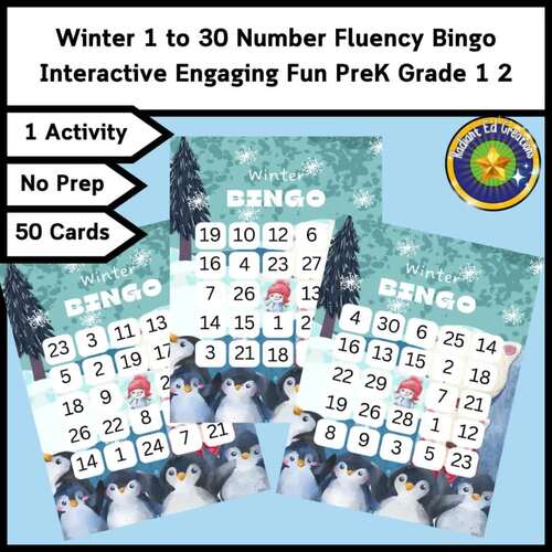 Winter Bingo 30 Number Count Math Game Mental Logic Puzzle Add Subtract ...