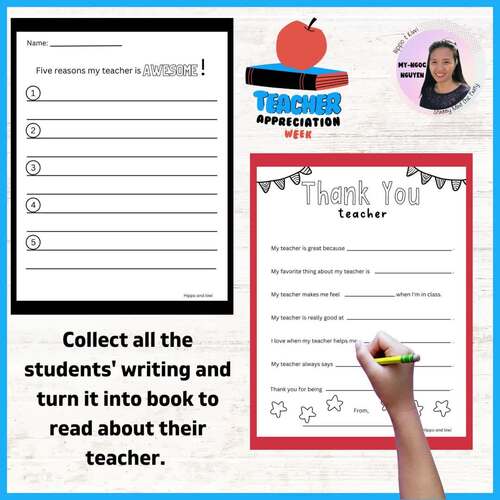 Teacher Appreciation Writing Activity - 6 pages by Hippo and Kiwi