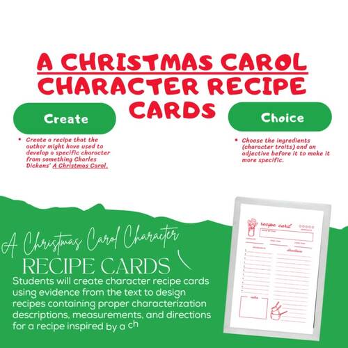 A Christmas Carol Character Recipe Cards w/editable Google Slides Rubric