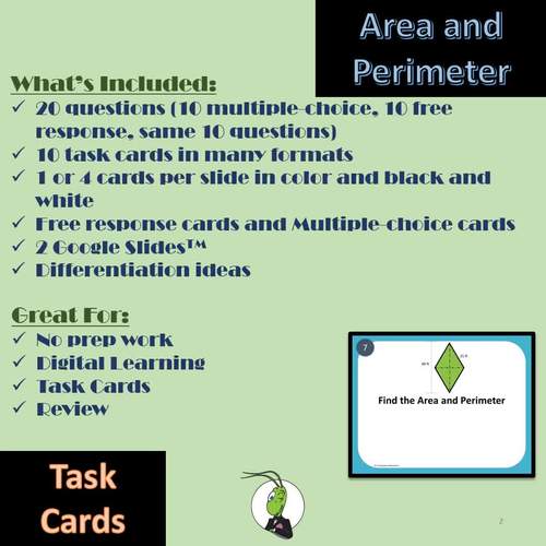 Area and Perimeter Quiz Problems Task Cards Geometry and Google Slides