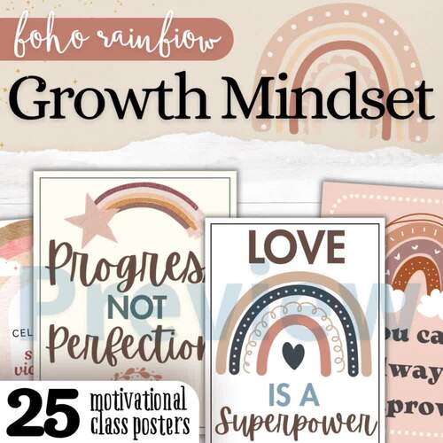 Boho Rainbow Growth Mindset Posters Bulletin Board Neutral Classroom ...