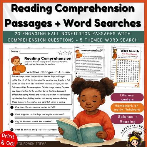 Fall Nonfiction Reading Comprehension Passages + Word Searches | Grades 2–4