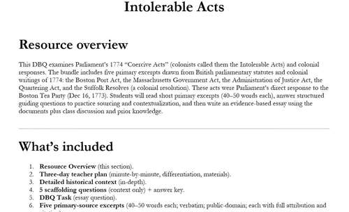 Middle School The Intolerable Acts DBQ by PBL History & Civics | TPT
