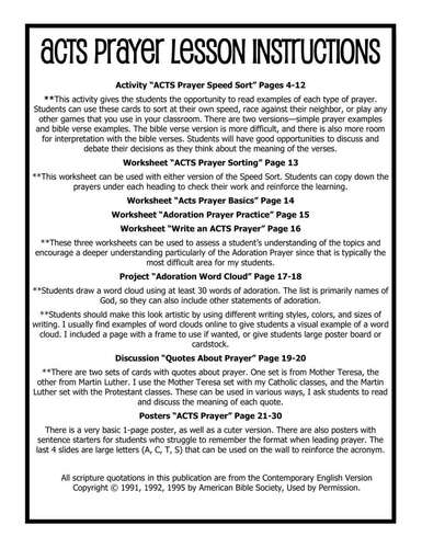 ACTS Prayer Lessons: Worksheets, Activity, Task Cards, Speed Sort ...