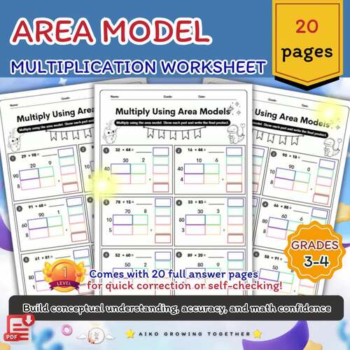 Area Model Multiplication | 2-Digit × 2-Digit (Level 1) Color-Guided Steps