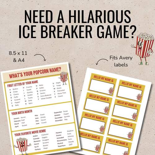 Name Generator Popcorn Day Activities, Movie Day Party Icebreaker Name ...