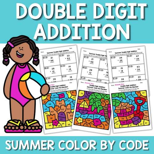 Summer Double Digit Addition Color By Number Worksheet Bundle | Math Center