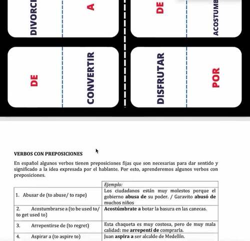 Spanish Verbs with Prepositions: Mastery Domino Game & Practice Bundle ELE