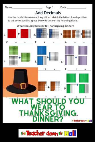 Thanksgiving Decimals Worksheets with Riddles by The Teacher down the Hall
