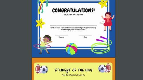 Student of the day certificate, Physical Education, 5 pdf printable