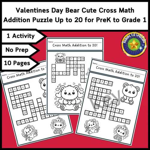 Valentines Day Bear Cute Cross Math Addition Puzzle Up to 20 for PreK ...