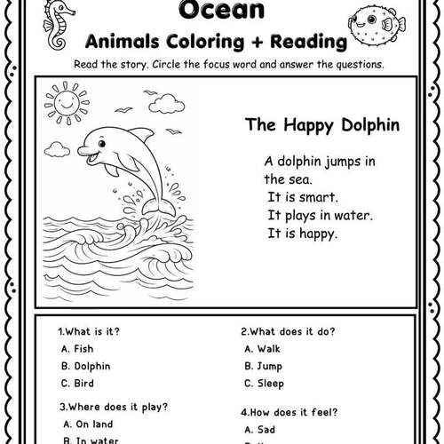 Ocean Animals Coloring Pages with Reading Comprehension | 10 Short Stories