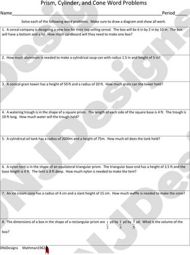 Prisms-Cylinders-Cones Word Problems Handout/Printable/Worksheet