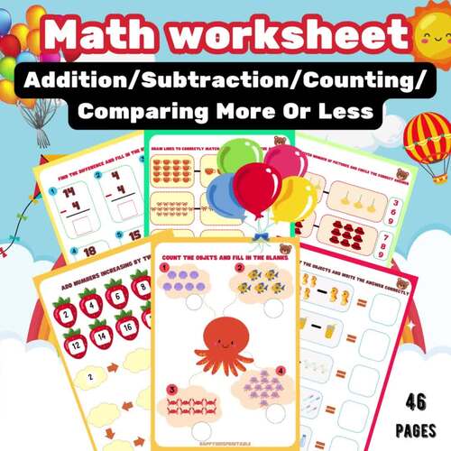 Addition & Subtraction Counting, Comparing Worksheets| More or Less