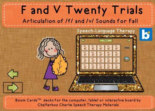 F and V Twenty Trials for Fall Articulation Boom Cards Speech Therapy