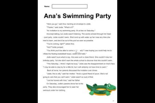 Sports Reading Comprehension Word File 6: Ana's Swimming Party (Grade 2-3)