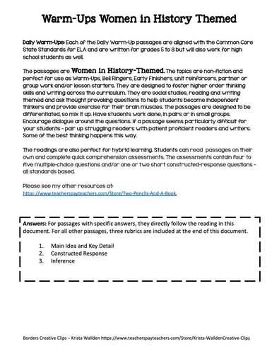 25 Warm-Ups Bell Ringers: WOMEN IN HISTORY Non-Fiction for 5th-9th Grade