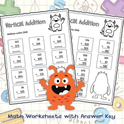Vertical Addition Within 1000 Worksheets | Monster Math Coloring Pages