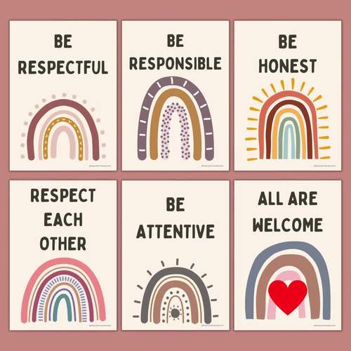 BOHO RAINBOW Classroom Rules Reminders Affirmations Positive Posters ...