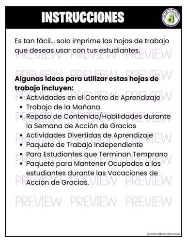 Spanish No-Prep Thanksgiving Language and Math Activities/ Worksheets