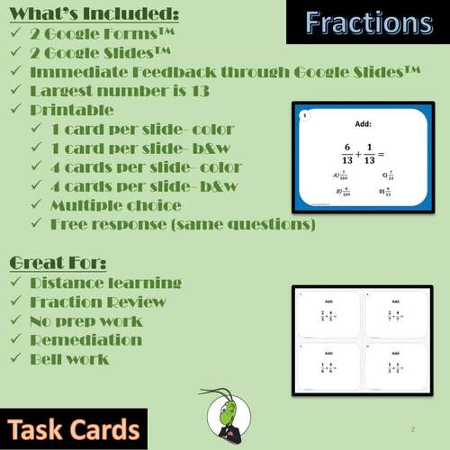 Adding Fractions Task Cards, Google Slides and Google Forms Set 0.5