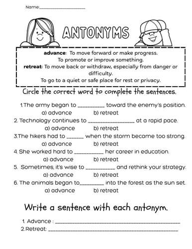 Antonyms / Opposites worksheets, assessments and crossword puzzles