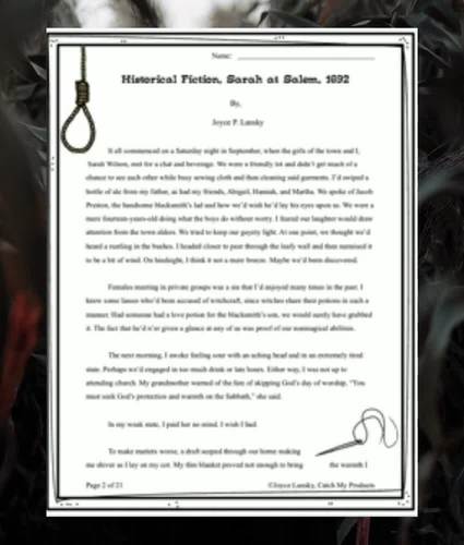 Historical Fiction Reading Comprehension for Middle School Salem Witch ...