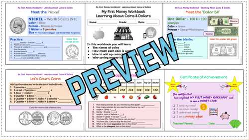 Financial Literacy Money Workbook - US Coins & Dollars for KG, 1st and ...