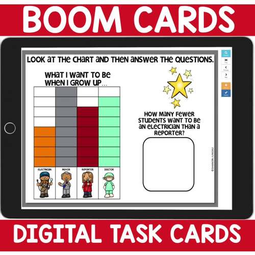 Interpreting Data Pictographs and bar graphs Boom Cards Task Cards
