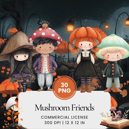 Mushroom Ghost & Friends Halloween Watercolor Clipart by Ikota Design