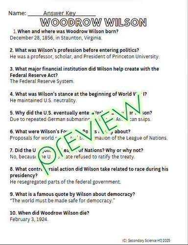 Woodrow Wilson US President Study Guide & Worksheet Coloring and Questions