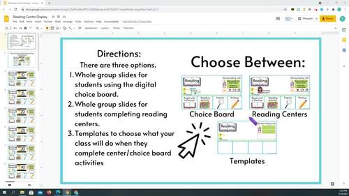 Reading Center Timer Slides for Choice Boards or Centers EDITABLE