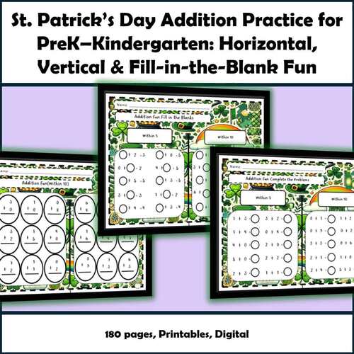St. Patrick’s Day Addition Practice for PreK–Kindergarten: Horizontal ...