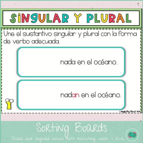 Singular & Plural nouns with matching Verbs - Spanish sorting board