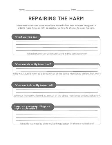 Behavior Management SEL High School | Repairing the Harm Reflection Sheet