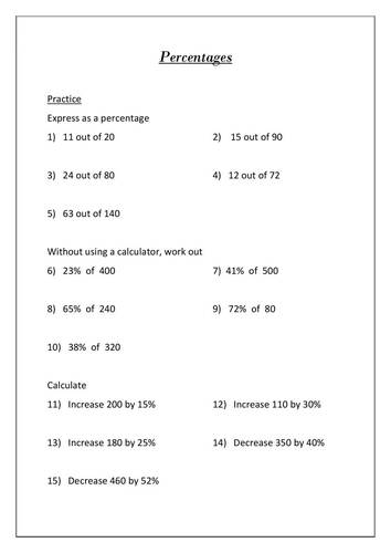 Maths Percentages, Ratios & Exchange Rates Worksheets by Worksheet ...