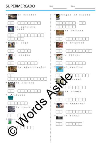 Spanish Vocabulary Worksheet Card Crossword Word Search Anagram SUPERMARKET