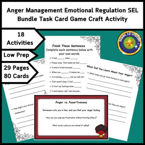 Anger Manage Emotional Regulation SEL Bundle Task Card Game Craft ...