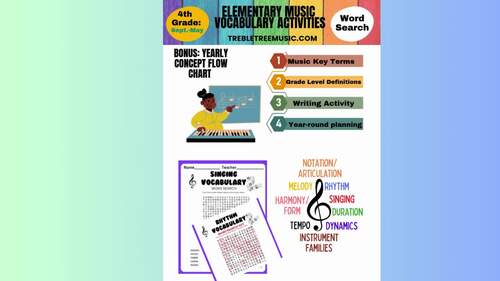 Kinder-5th GRADE Elementary Music Vocabulary Activities BUNDLE Word Search!