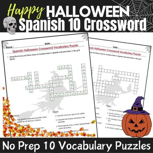 Spanish Halloween Crossword 10 Puzzles Noche de Brujas en espanol ...