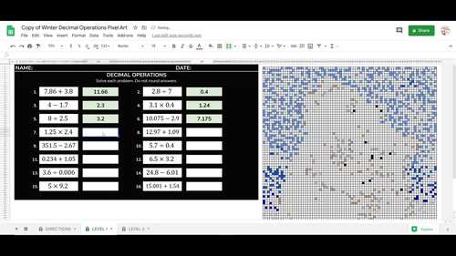 Google Sheets Digital Pixel Art Math Decimal Operations by Algebra Accents