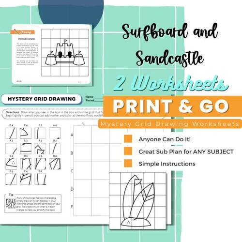 HIGH SCHOOL ART SUB PLAN/WORKSHEET: Mystery Grid Drawing Surfboard ...