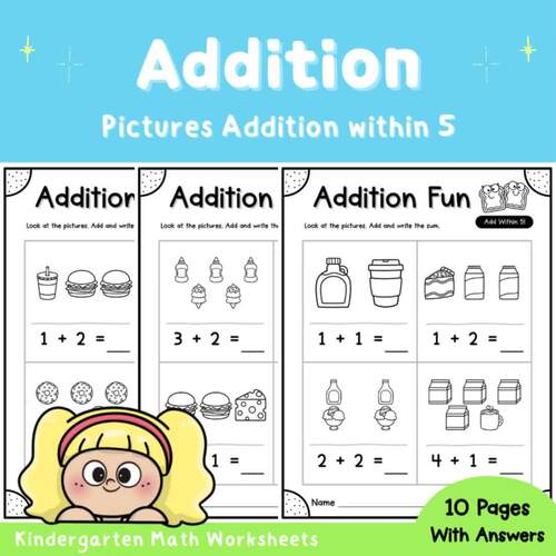 Addition Within 5 Worksheets | Add Using Pictures | Kindergarten Math ...