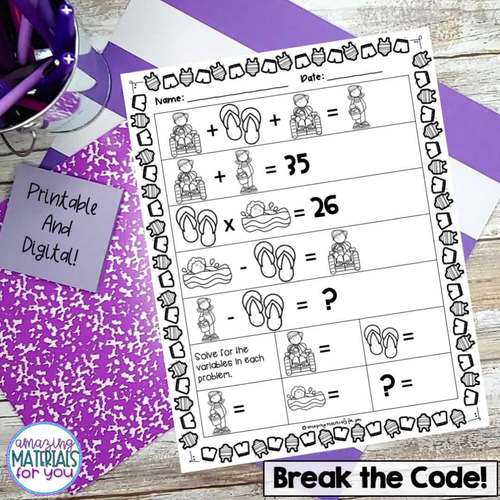 Crack the Code Algebraic Thinking Logic Puzzles July Summer | TPT